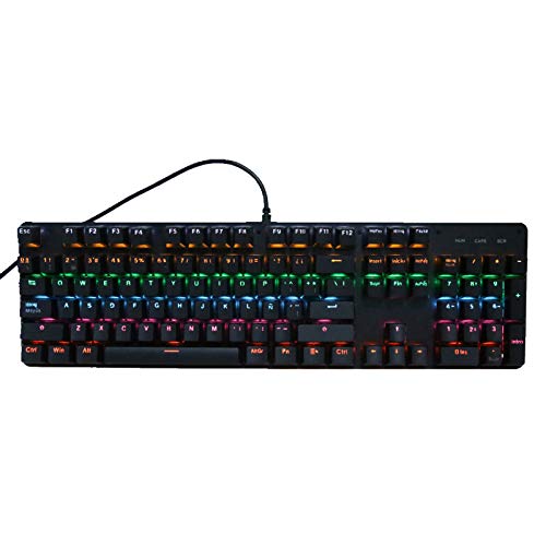 eboxer-1 Gaming Keyboard, USB Wired Keyboard with RGB Rainbow Backlit, 104 Keys Spanish Keyboard with Ñ and Blue Switch, Mechanical Keyboard for Desktop Notebook