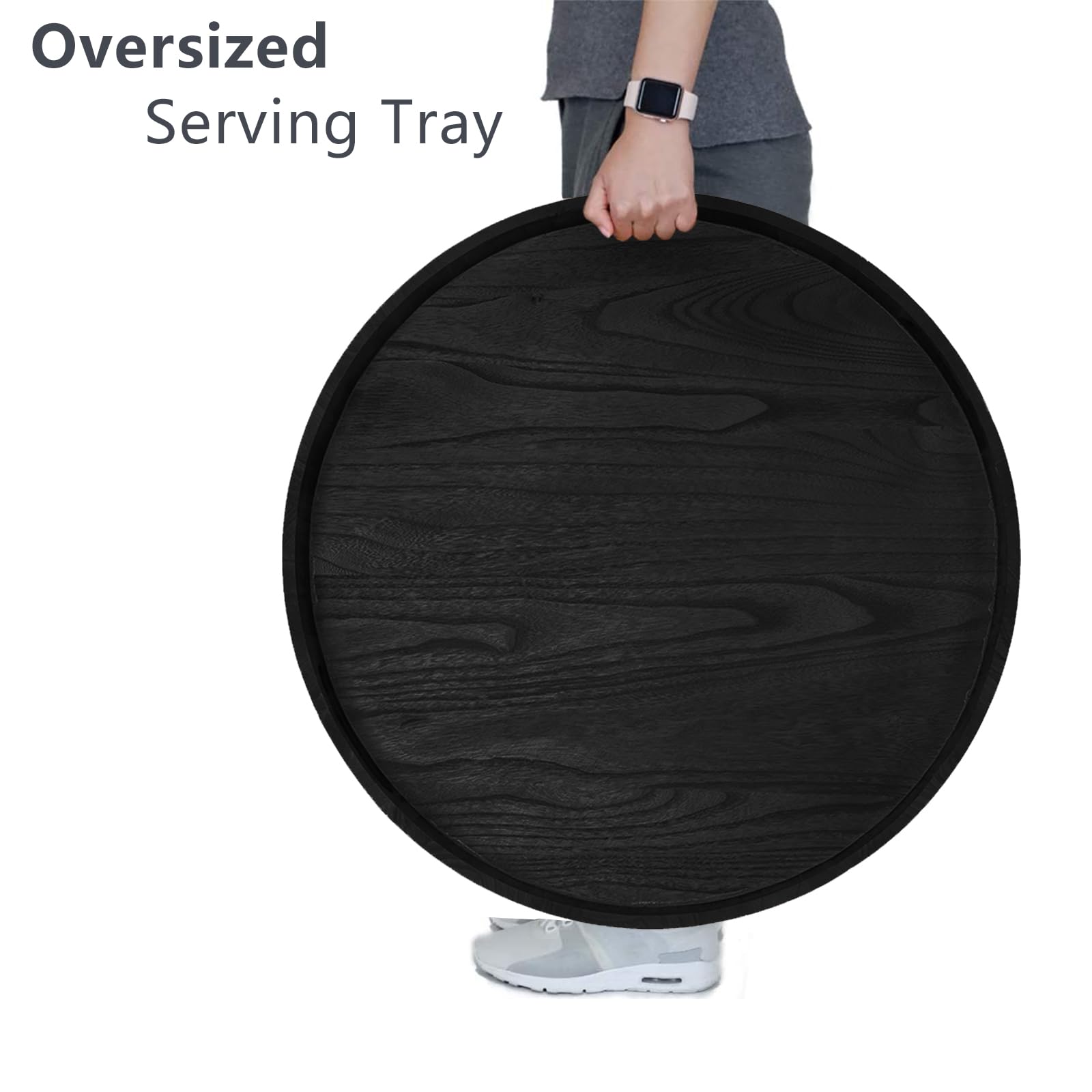 16 Inches Extra Large Solid Wooden Serving Tray Round Tea Coffee Table Tray Snack Food Meals Serving Plate Kitchen Party Bar Server Breakfast Tray with Raised Edges Ottoman Tray Nature Wood