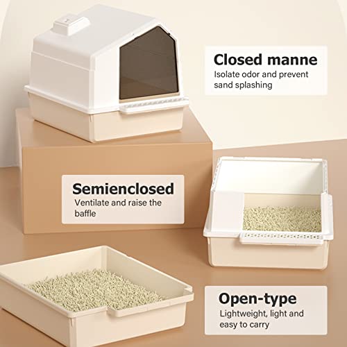 Cat Litter Box with Lid,Fully Enclosed Leak-Proof Urine Litter Box for Small Cats Approx 10Lbs,Handy Litter Scoop,Replaceable Closed/semi-Closed/Open Clamshell Litter Box
