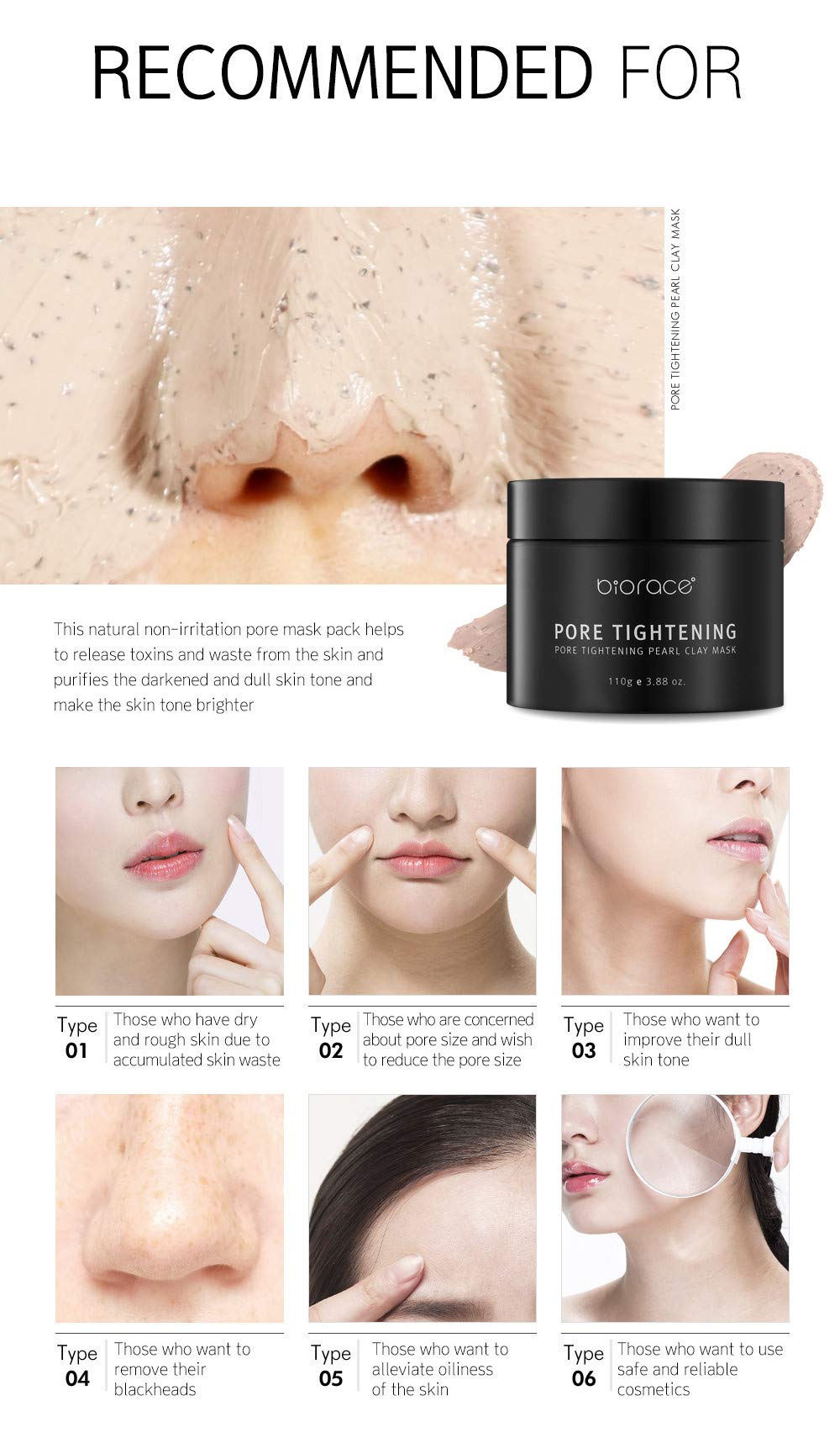 Biorace] Pore Tightening Pearl Clay Mask 110 g / 3.8 oz Tightens Pores + Sebum Control + Deep Cleanse [Made in KOREA]