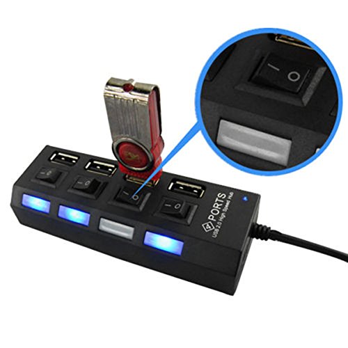 Lysee Data Cables - LED 4 Port USB 2.0 Hub High Speed Power On/Off Button Switch USB Splitter Adapter for Laptop PC Computer Black/White GT - (Color: Black)