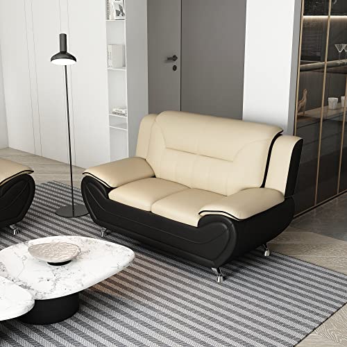 Container Furniture Direct Michael Modern Faux Leather Upholstered Stainless Steel Legs Living Room Loveseat, Camel/Black