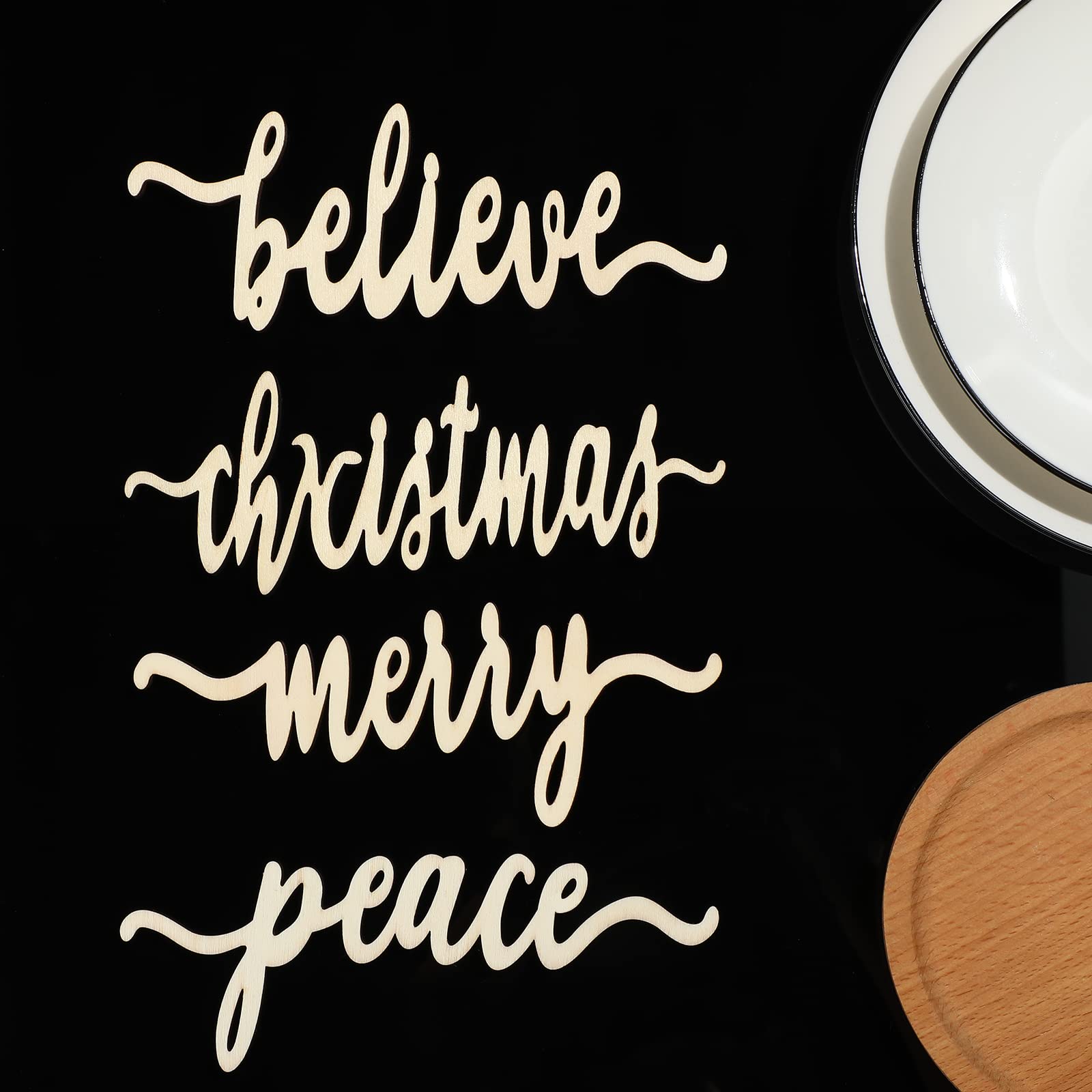 8 Pieces Christmas Wood Plate Letter Sign Wood Table Holders Wood Word Cutouts Christmas Plates Home Decor Wooden Word Signs for Christmas Plates Table Decorations, Peace, Merry, Believe (Wood Color)