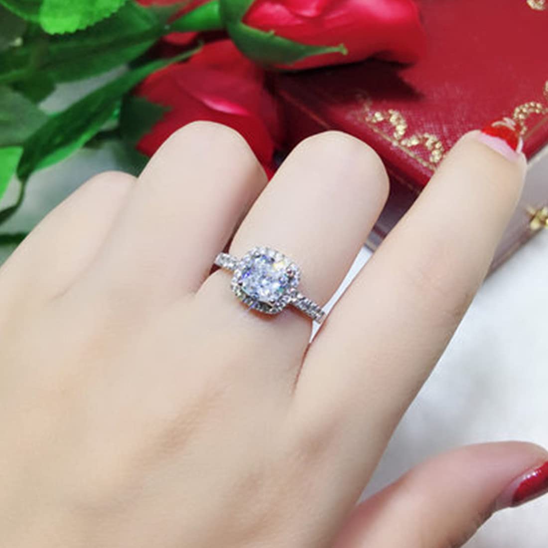 18K White Gold Plated 3CT Zircon Cushion Halo Diamond Ring for Women Sterling Silver Jewelry