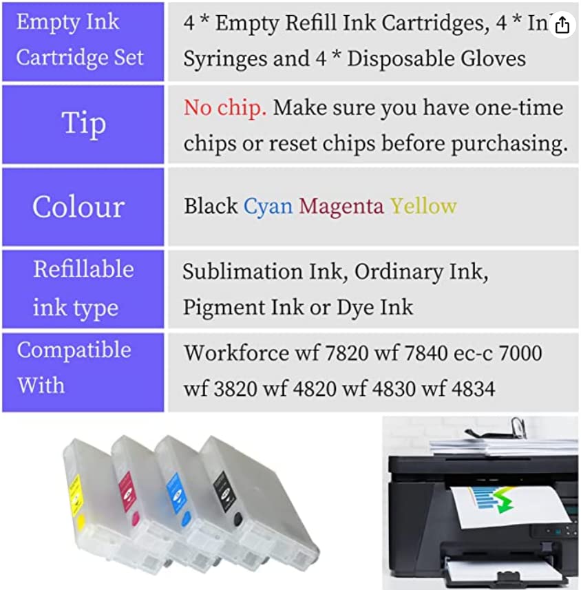 802XL 802 T812 812 Refillable Ink Cartridges No Chip T802 T8021 Replacement Sublimation Ink Cartridges Without Chip & Ink for WF-7820 WF-7830 WF-7840 WF-7310 WF-7835 WF-7845 EC-C7000 Printers
