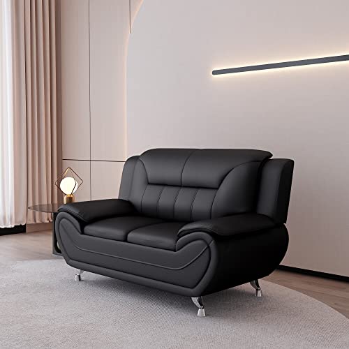 Container Furniture Direct Michael Modern Faux Leather Upholstered Stainless Steel Legs Living Room Loveseat, Black