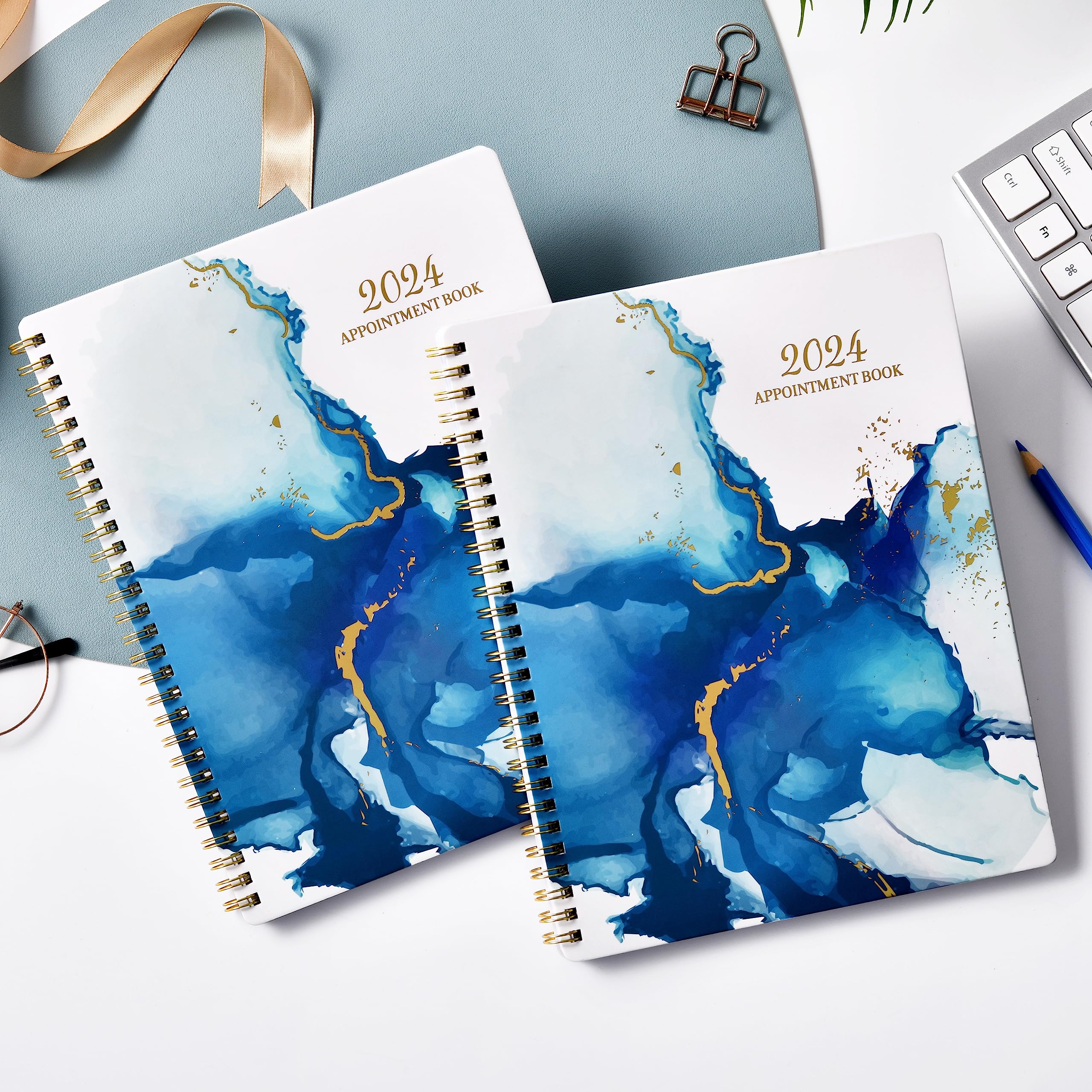 2024 Appointment Book - 2024 Daily Hourly Planner, 8" x 10", January 2024 - December 2024, Appointment Book 2024 with 30-Minute Interval + Thick Paper + Twin-Wire Binding + Printed Tabs - Indigo