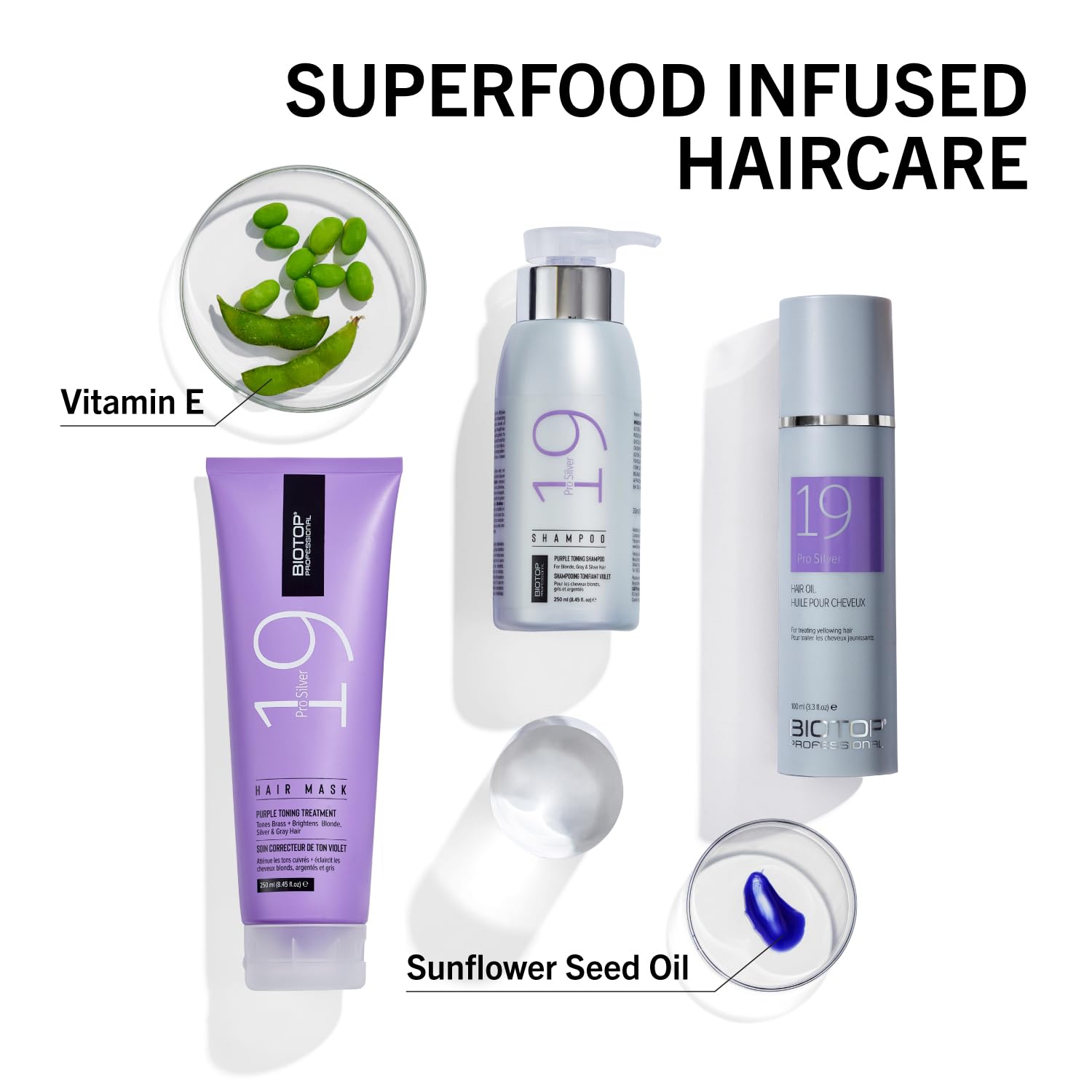Biotop Professional 19 Pro Silver Shampoo - Purple Shampoo to Neutralize Yellow and Brassy Tones - Made with Sunflower Oil and Vitamin E - For Blonde or Bleached Hair - 16.9 oz