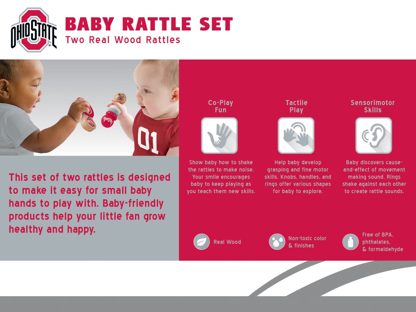 BabyFanatic Wood Rattle 2 Pack - NCAA Ohio State Buckeyes - Officially Licensed Baby Toy Set