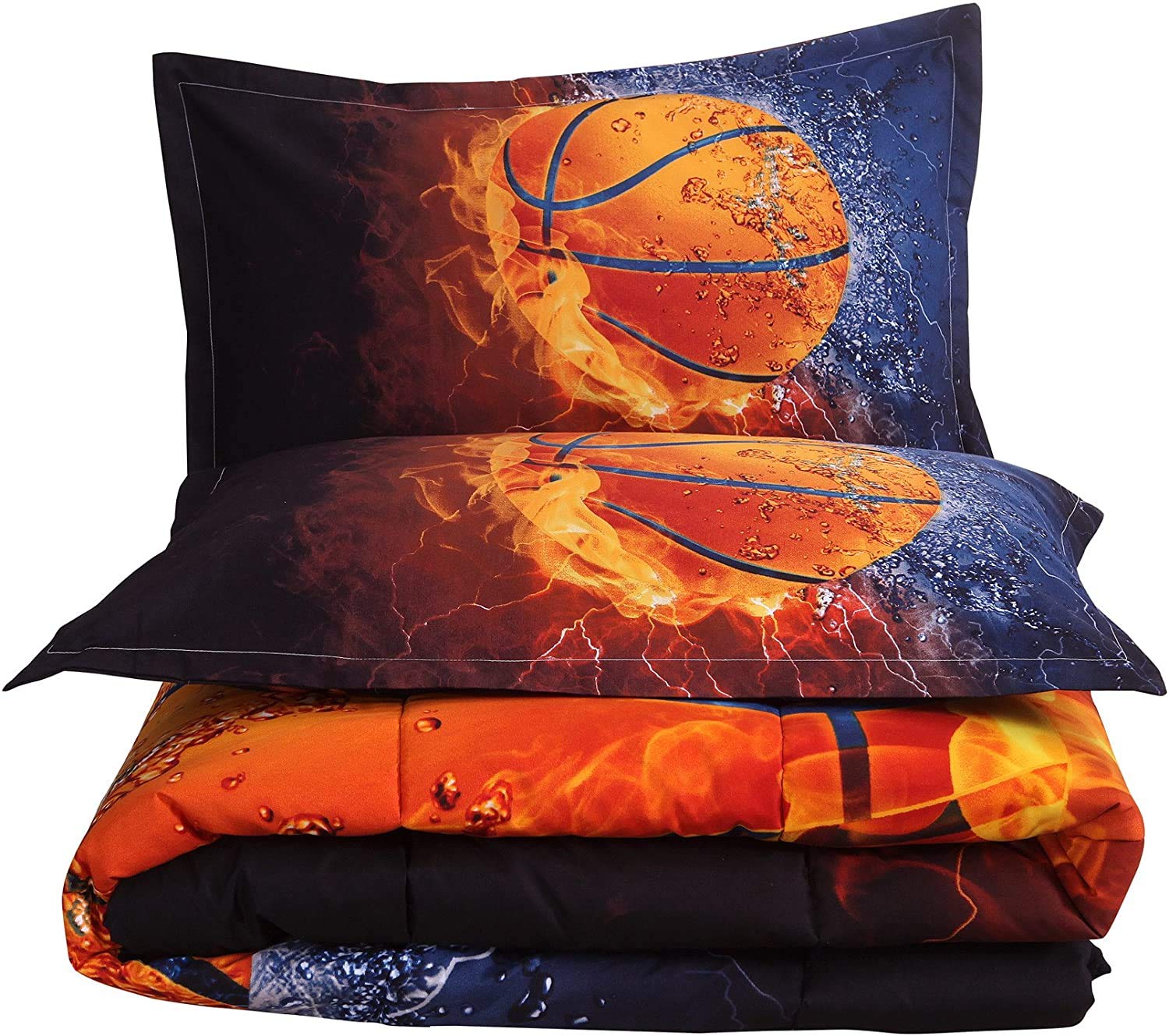 A Nice Night Basketball Print,with Fire and Ice Pattern,Comforter Quilt Set Bedding Sets, for Boys Kids Teen (Basketball, Twin)