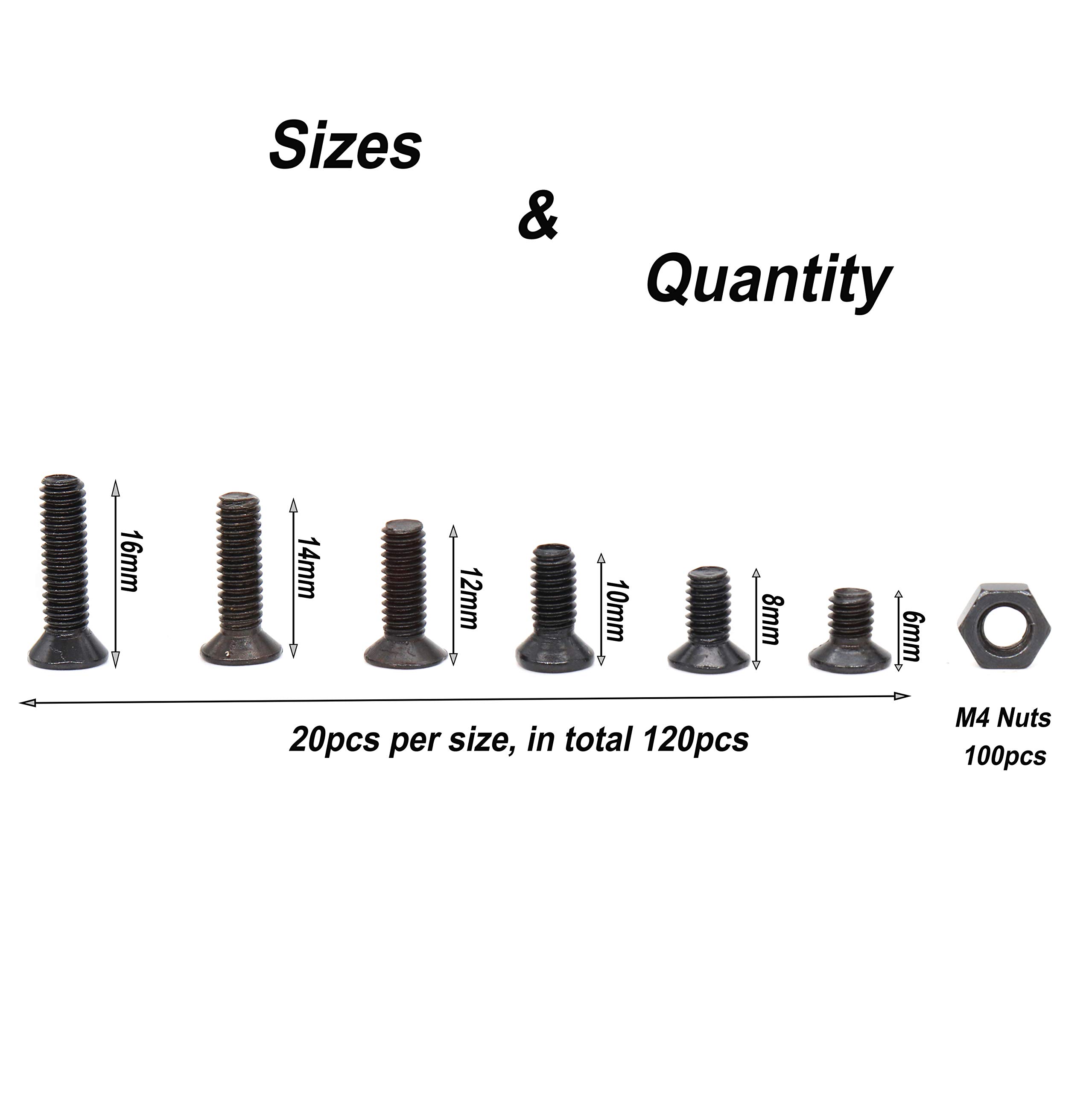 binifiMux M4 Flat Head Screws and Hex Nuts Phillips, M4 Countersunk Machine Screws, 220pcs (6 Sizes) M4-.7mm Black Bolts Nuts Assortment for Tv Stand,Computer Repairing, DIY
