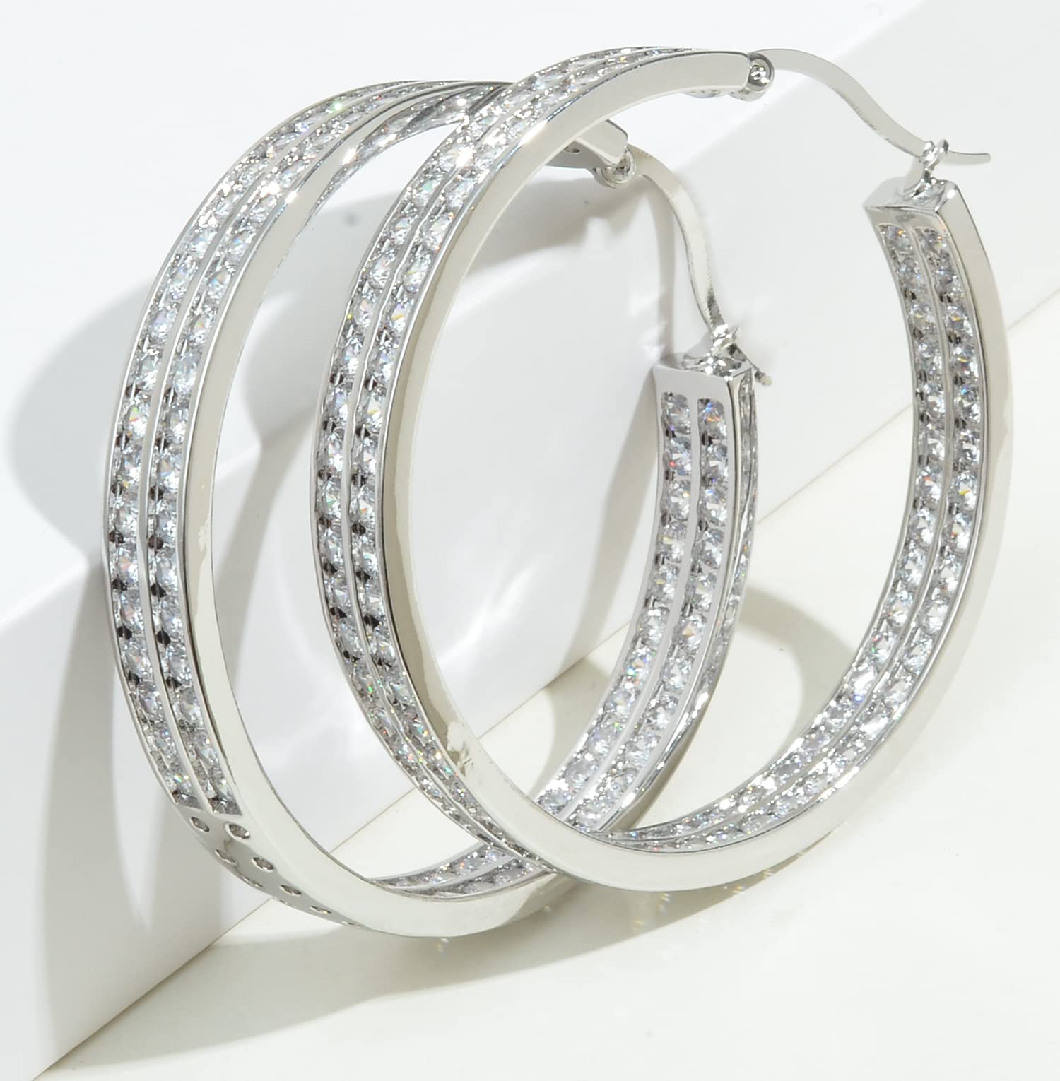 18K White Gold plated Inside-Out Hoop Earrings with Clear CZ 45mm
