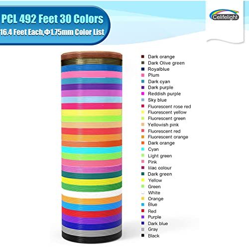 3D Printing Pen PCL Filament 1.75mm Refills,30 Colors, Each Color 16.4 Feet, Total 492 Feet, Pack with 2 Finger Caps & 2 Drawing Guide Book, High-Precision Diameter and Safe Refill