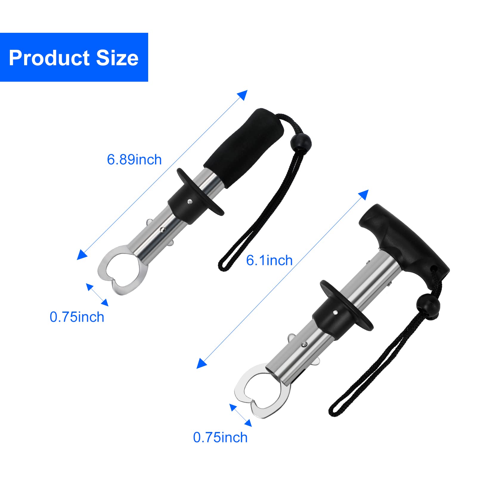 2-Pack Straight Handle T-Shaped Fish Lip Gripper Fish Catcher Stainless Steel Tool Fishing Gift Tackle, Black