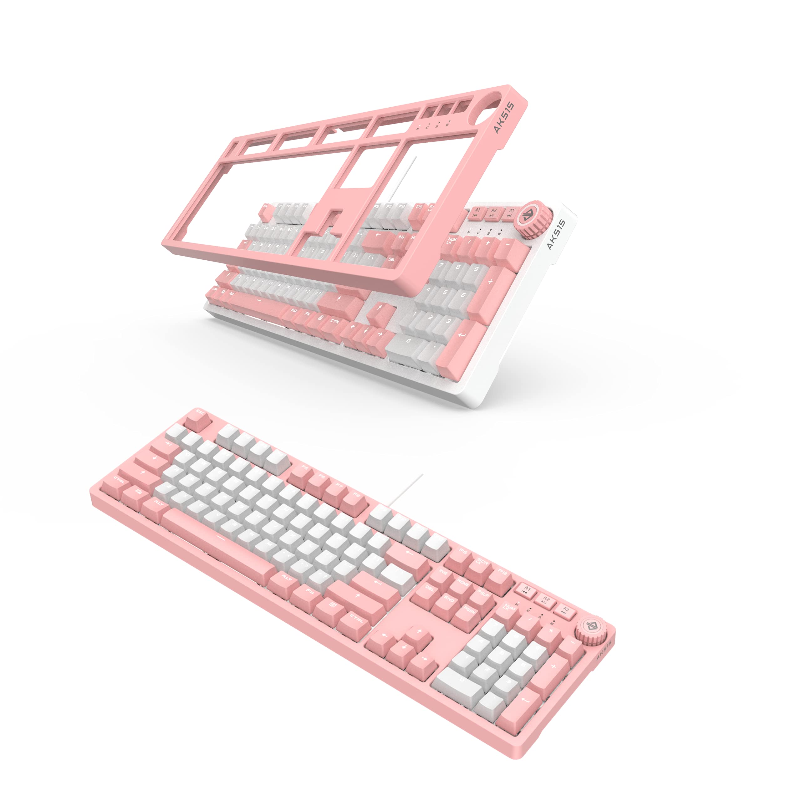 AK515 Wired Mechanical Gaming Keyboard – Brown Switches - PBT Keycaps – Blue-White Matching – White Backlit - Magnetic Suction Panel - Multimedia Keys Roller – for Windows Computer Office Gaming PC