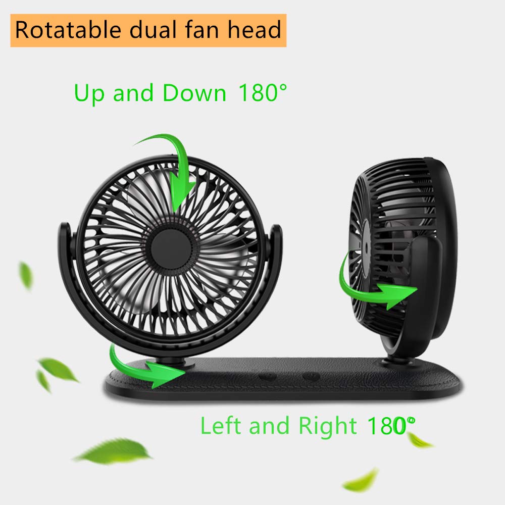 2020 Adjustable Portable Dual Head Leather Car Fan, 3 Speeds, Strong Wind, Rotatable Cooling Fan for SUV, RV, Boat, Vehicles Glasses, Dashboard, Wall Mounted USB Car Fan