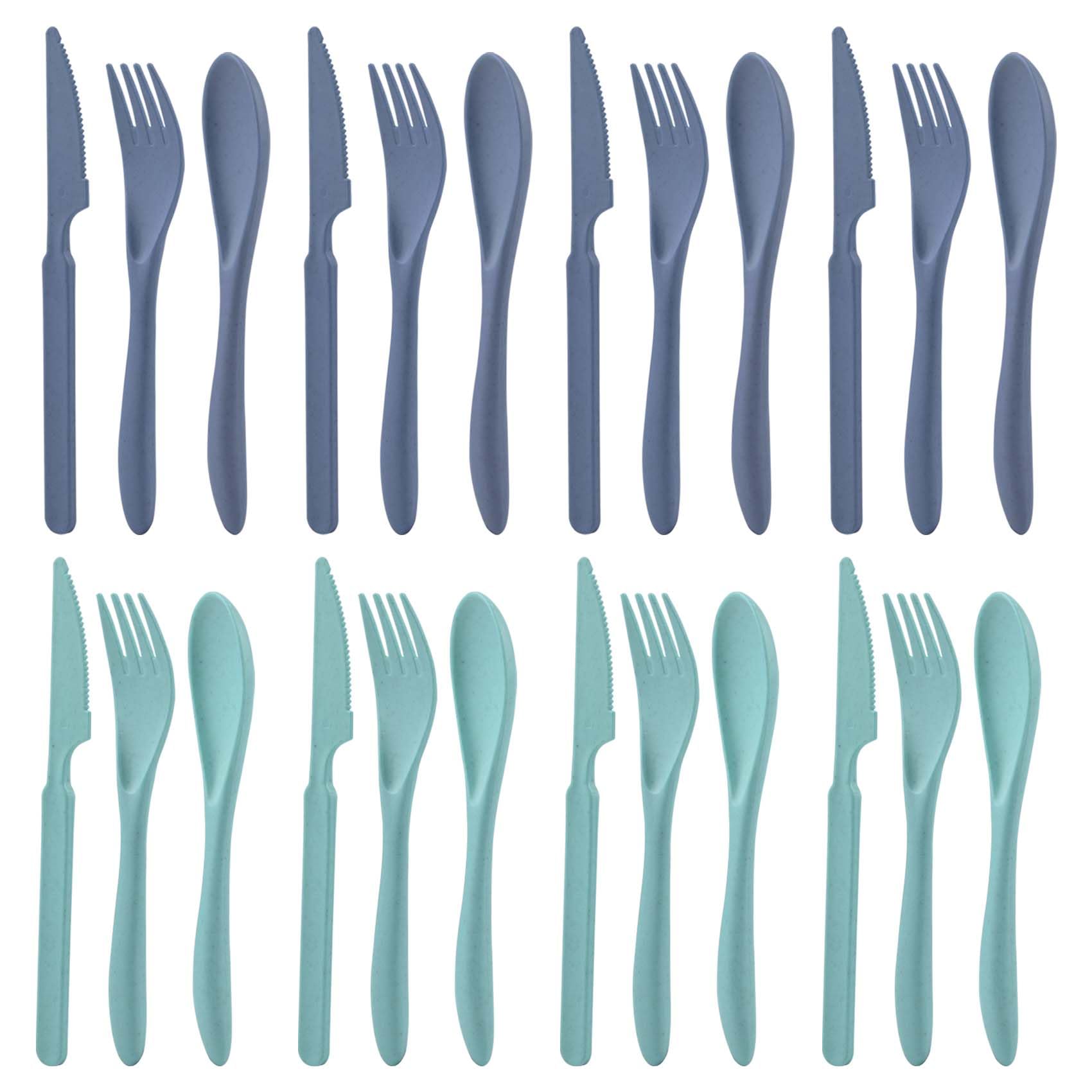 8 Sets Knives Spoons and Forks, Thickened Design Wheat Straw Cutlery, Reusable Utensils Set for Kid or Adult, Fork Spoon Knife Set for Party, Travel, Work, Picnic, Camping (Blue and green)