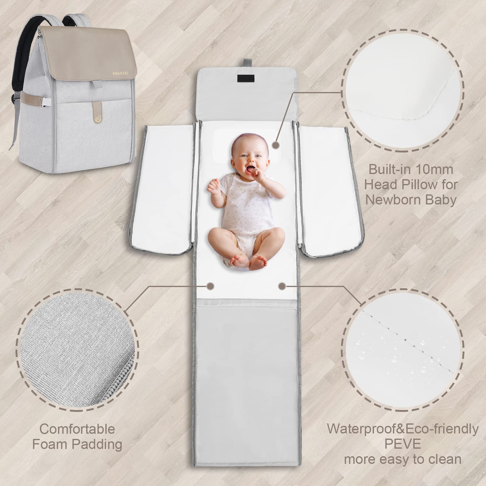3 in 1 Diaper Bag with Changing Pad Station and Diaper Bag Tote – Pamedo Large Multifunction Travel Backpack- Waterproof Diaper Backpack- Unisex Newborn Gift Ideas Baby Bags, Grey, (PMD01)