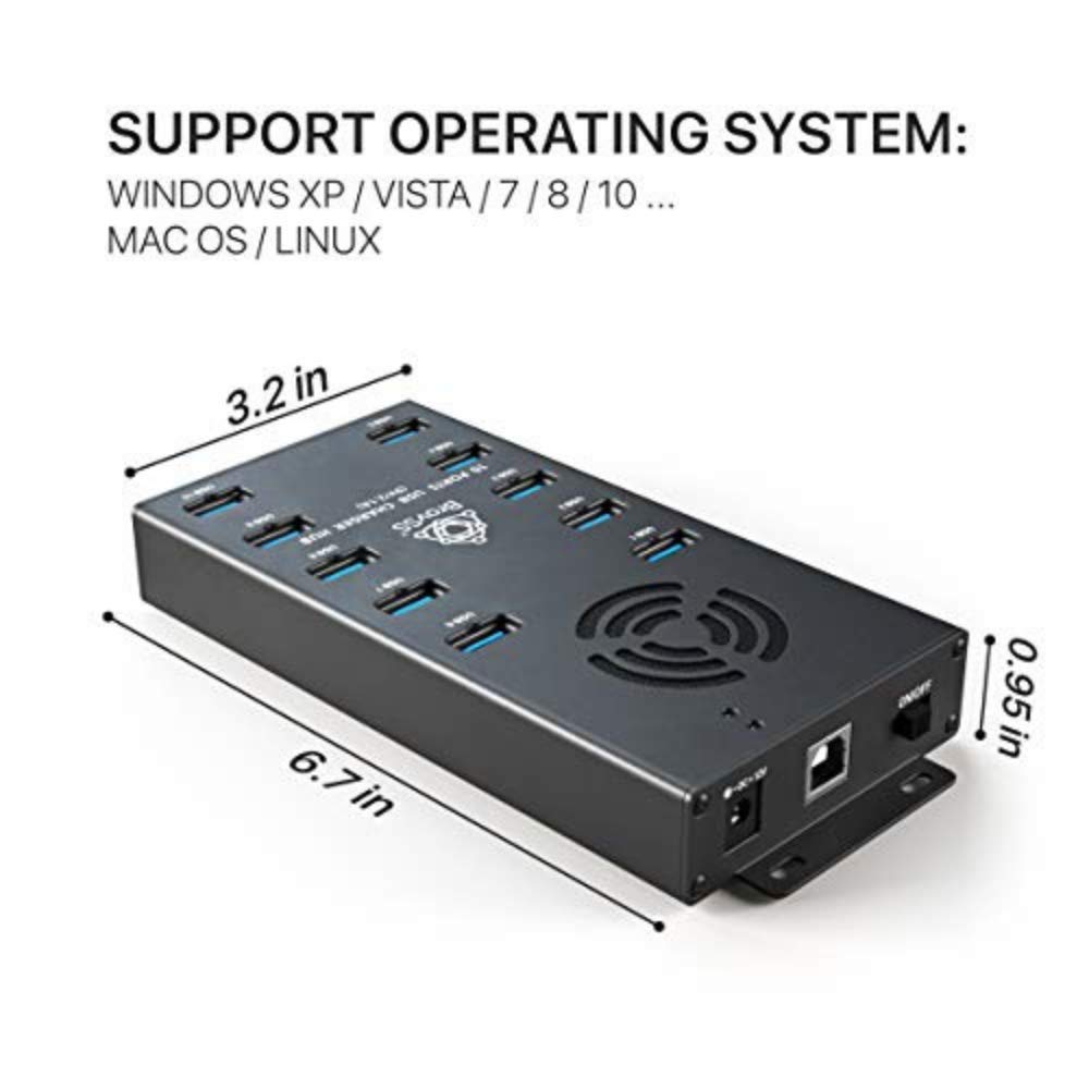 BrovSS: 10 Port USB 3.0 Hub - USB Hub Charger - Powered USB Hub - USB Charging Splitter - Multiple USB Port Hub - Charging Hub with 5V 10A 120W Power Adapter, Cooling Fan, Mounting Brackets (Black)