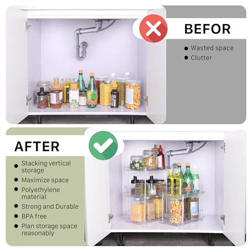 2 Tier Clear Bathroom Storage Organizer with Dividers and Pull Out Shelves - Under Sink Cabinet Organizer for Kitchen, Pantry, Vanity and Medicine Cabinet