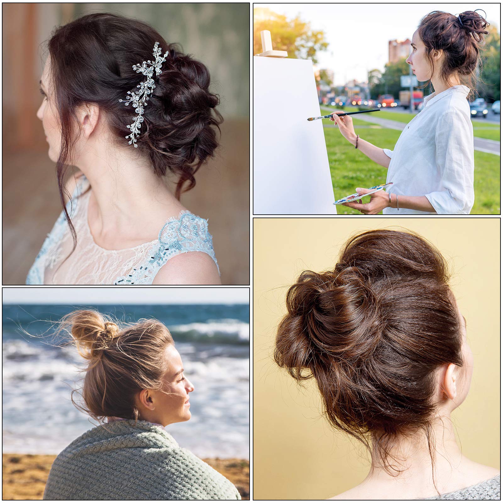 WILLBOND 4 Pcs Messy Hair Bun Hairpiece Tousled Updo for Women Hair Extensions Straight Short Ponytail Elastic Scrunchies Curly Hair Accessories (Brown mix Blond/12H24,Basic Style)