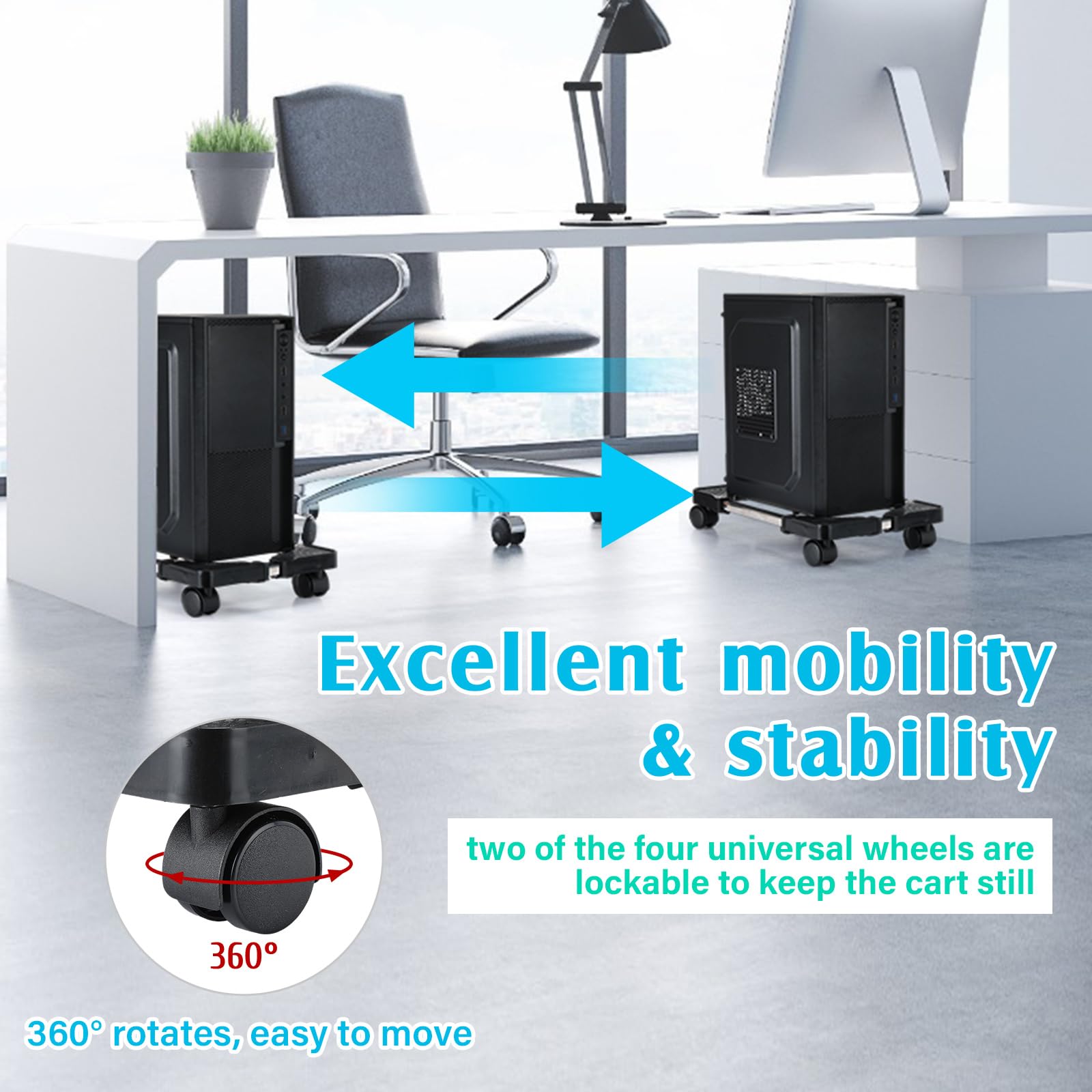2 Pcs Mobile CPU Stand Adjustable Computer Tower Stand with 4 Locking Caster Wheels CPU Rolling Stand Tower Fits Most PC, Black