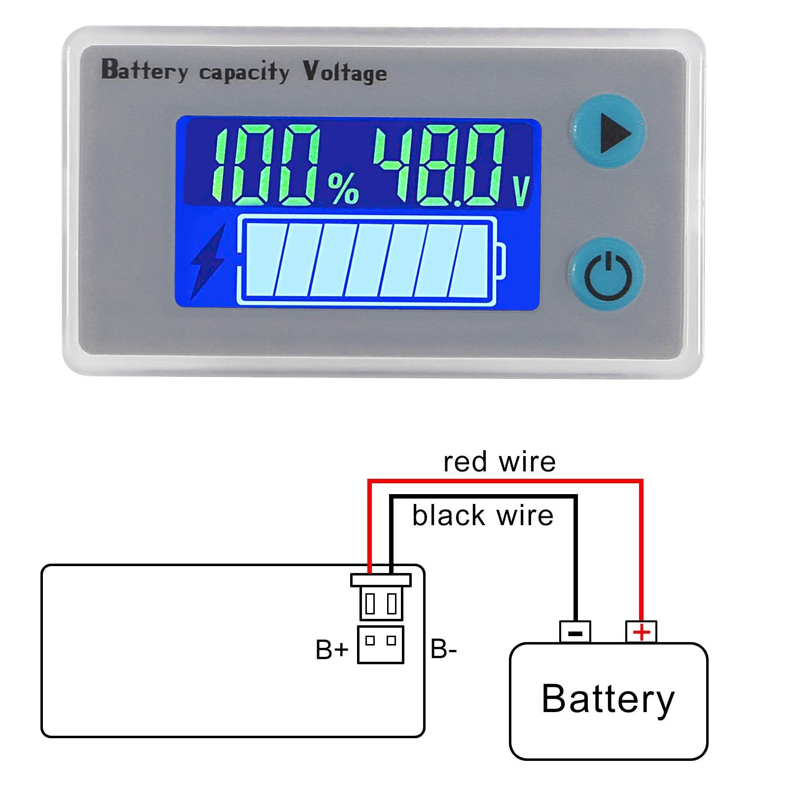 ALMOCN 10-100V Battery Monitor LCD 12V 24V 36V 48V Digital Battery Capacity Voltmeter Tester Percentage Level Voltage Temperature Monitor Meter with Cable