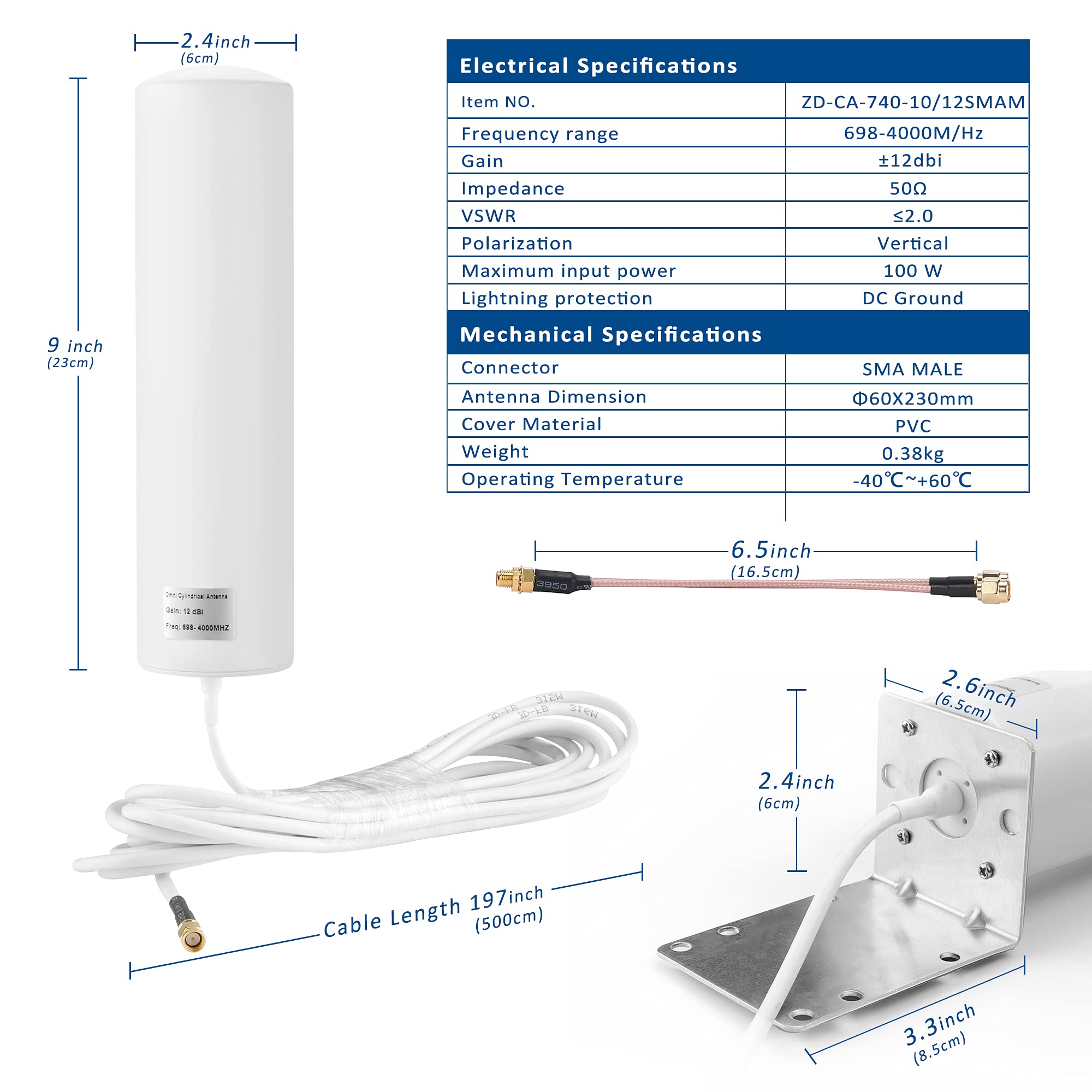 ZDTECH High Gain 10-12dBi External SMA Male/Dual SMA Male 3G 4G 5G LTE Omni Directional Outdoor Antenna for Mobile Cell Phone Cellular 4G/LTE/5G Router Modem Gateway(698-4000 MHz)