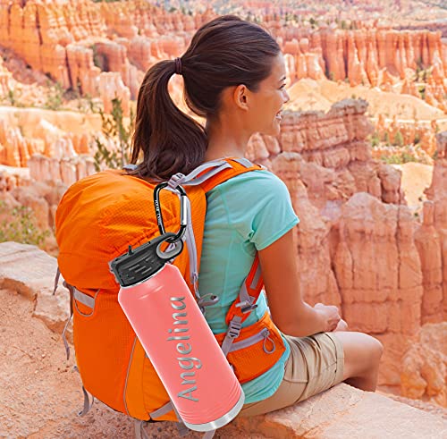 Polar Camel Personalized Water Bottles 32oz with Flip-Top Lid and Straw, Customized Vacuum Insulated Flask, Stainless Steel Sports Double Wall Thermos, Your Logo Name and Text Engraved in USA(Coral)