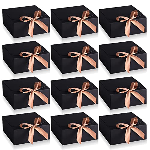 AIEX 12 Pcs Gift Boxes with Lids, 4.5" x4.5"x2" Present Boxes Square Gift Box with Champagne Wrap Ribbons, Gift Wrap Boxes for Birthday Wedding Party Christmas Chocolate Candy (Black)