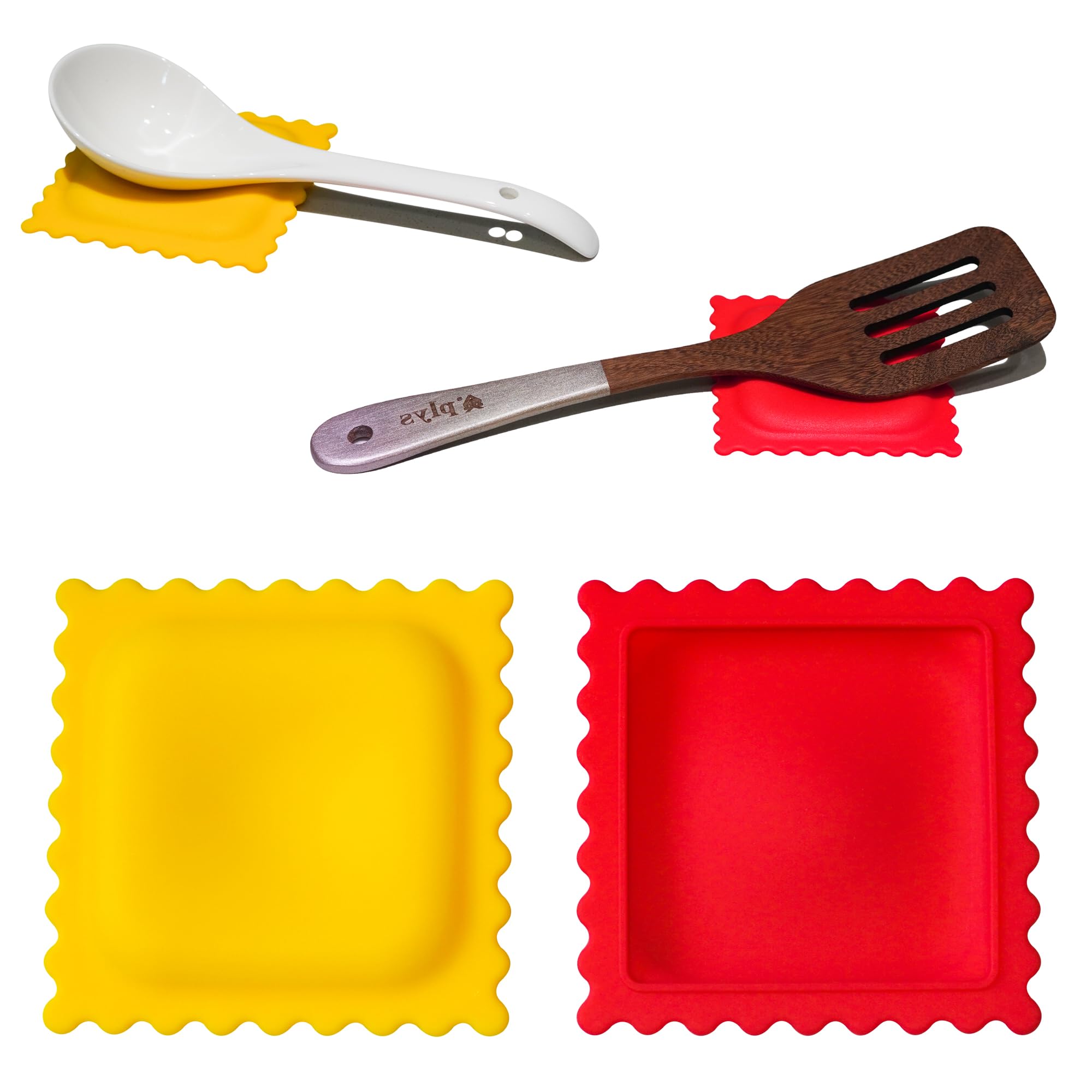 2 sets Silicone Spoon Rest for Stove Top,Spatula Rest for Stove Top,Silicone Spoon Holder for Stove Top，spatula holder for counter，sauce cups，Soy sauce dish，Dipping bowls（Yellow + Red）