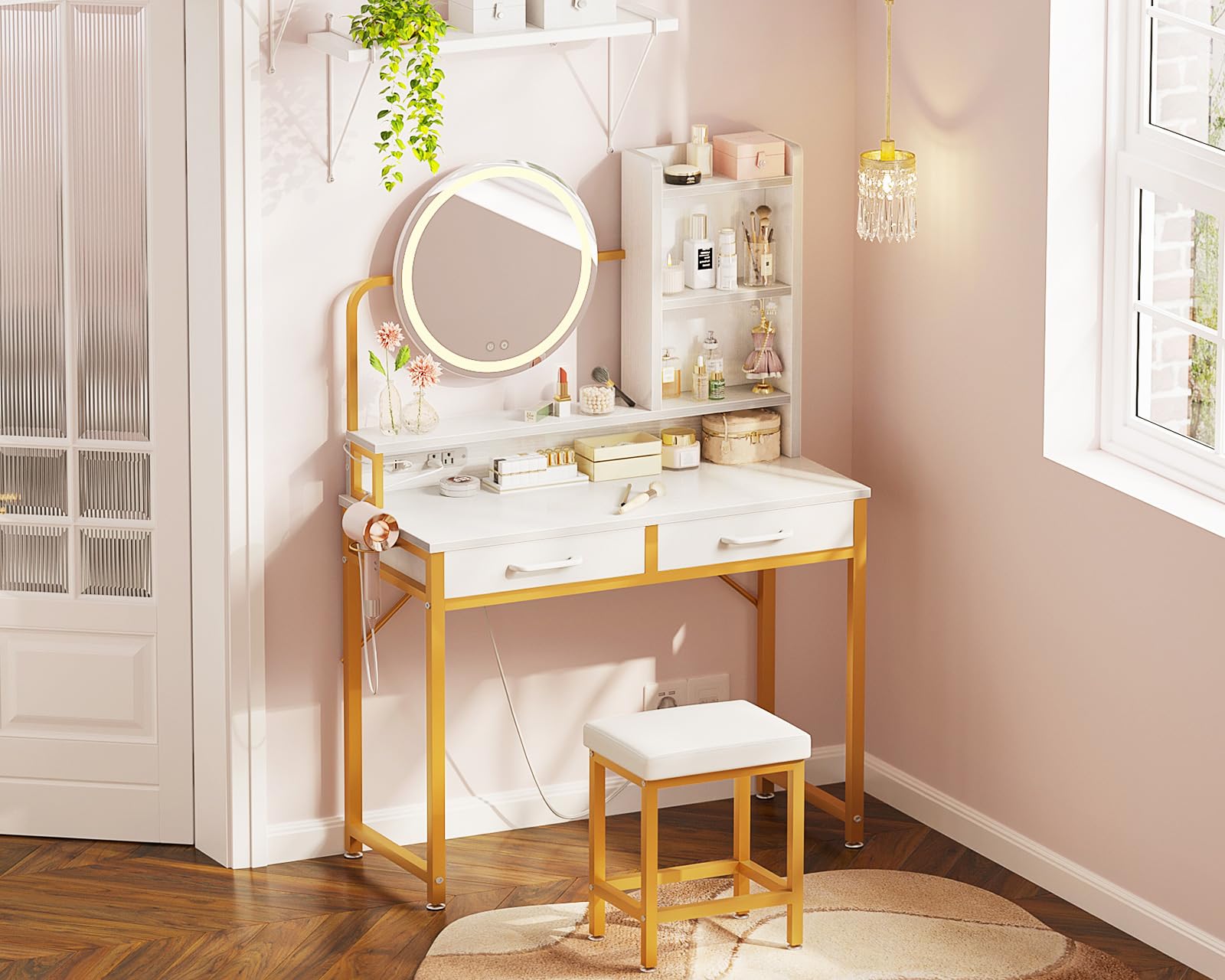 AODK Vanity Desk with Mirror and Lights, 32 Inch Makeup Vanity Mirror with Lights Desk and Chair, Small Vanity Desk Mirror for Bedroom, White Vanity Table with Fabric Drawers Makeup Table Desk, White