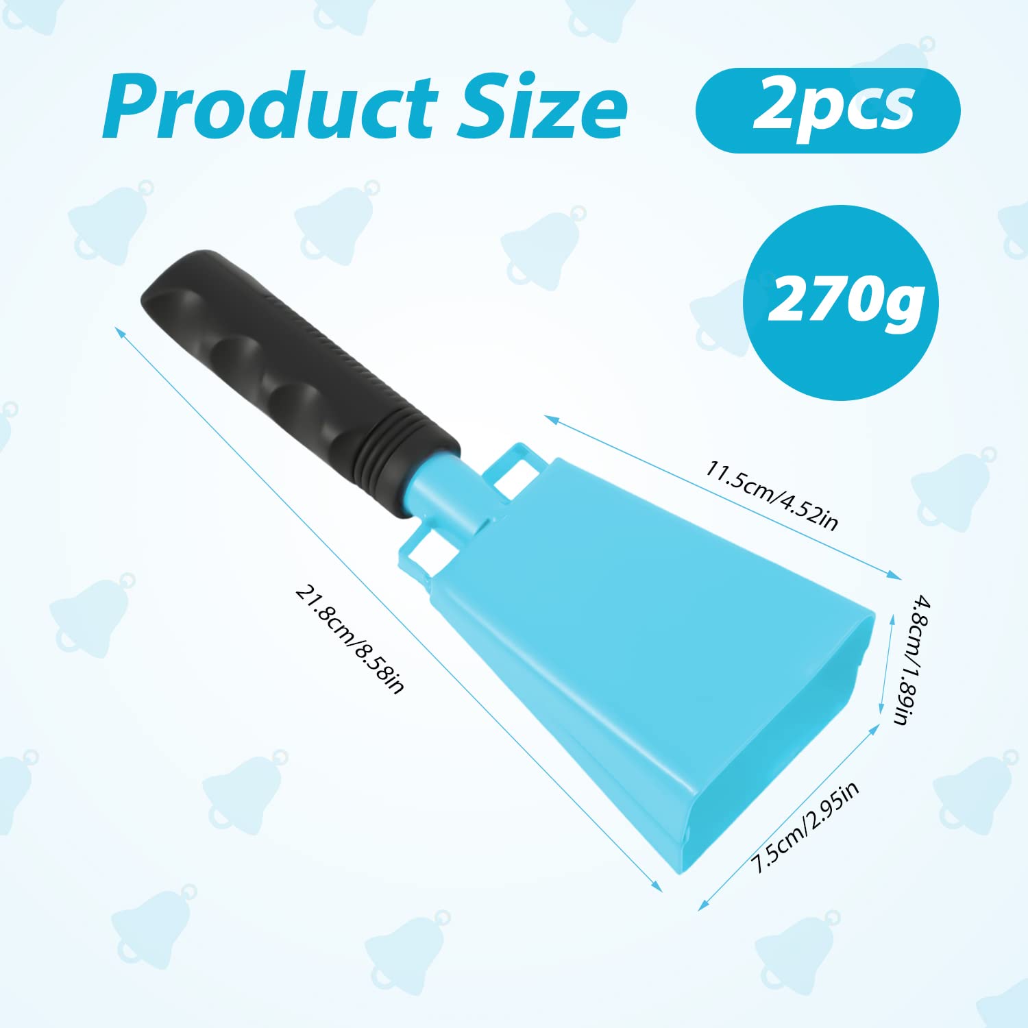 2pcs Cow Bell Noise Maker, Cowbell with Handle for Sporting Events Football Game Cheering Bells Large Solid School Bells Hand Call Bell (Blue)