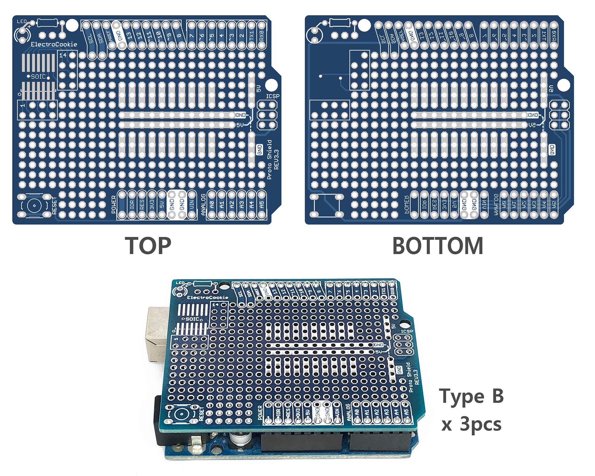 ElectroCookie Proto Shield Kit Compatible with Arduino Uno R3, Expansion Prototyping PCB Board (3 Types, 9 Pack)