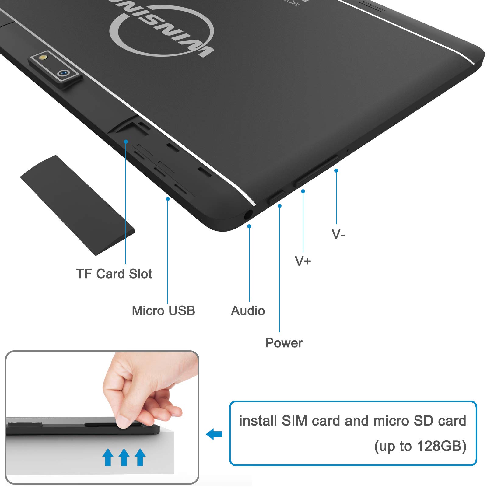 Winsing Android Tablet 10 Inch, Tablets Android with 32 GB ROM, Expand to 128 GB,3G Unlocked Phablet with Sim Card Slot, WiFi, Bluetooth, GPS, Black, Gifts for Mother's Day Bluetooth, Black