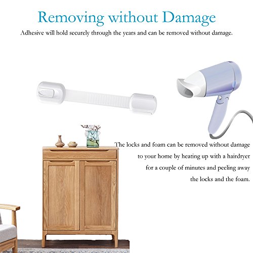 Baby Safety Locks | Child Proof Cabinet, Drawer, Appliances, Toilet Seat, Fridge and Oven & More | No Tools or Driling Required | Use 3M adhesive with Adjustable Strap and Latch System - 6 Pack, White