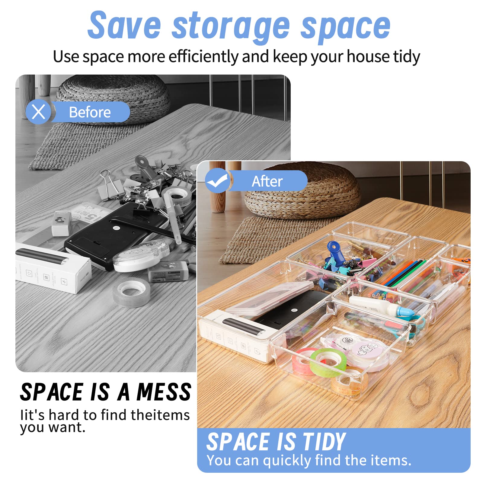 16 PCS Clear Plastic Drawer Organizer Set, 5-Size Desk Drawer Divider Vanity Drawer Organizer Trays, Versatile Storage Bins for Makeup, Jewelry and Office, Desk, Bathroom, Bedroom, Kitchen