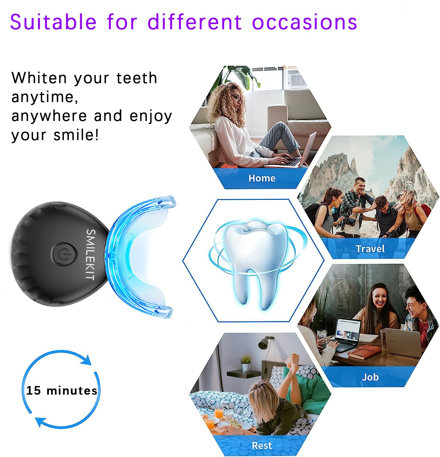 Teeth whitening kit, (4) 35% Hydrogen Carbamide Peroxide, (1) 16X LED Blue Light Accelerator Tray Teeth Whitener for Sensitive Teeth, Gums, Braces Care (Black)