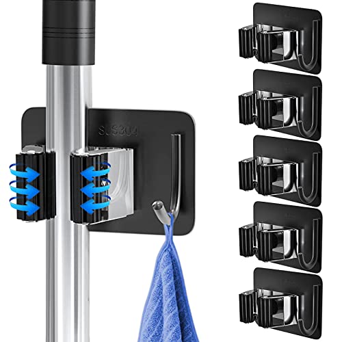 CELBERENA 5 Pack Mop Broom Holder No Drill SUS304 Stainless Steel, Self Adhesive Mop Broom Organizer Wall Mounted Heavy Duty with Hooks Storage Hanger for Bathroom, Kitchen, Office, Black