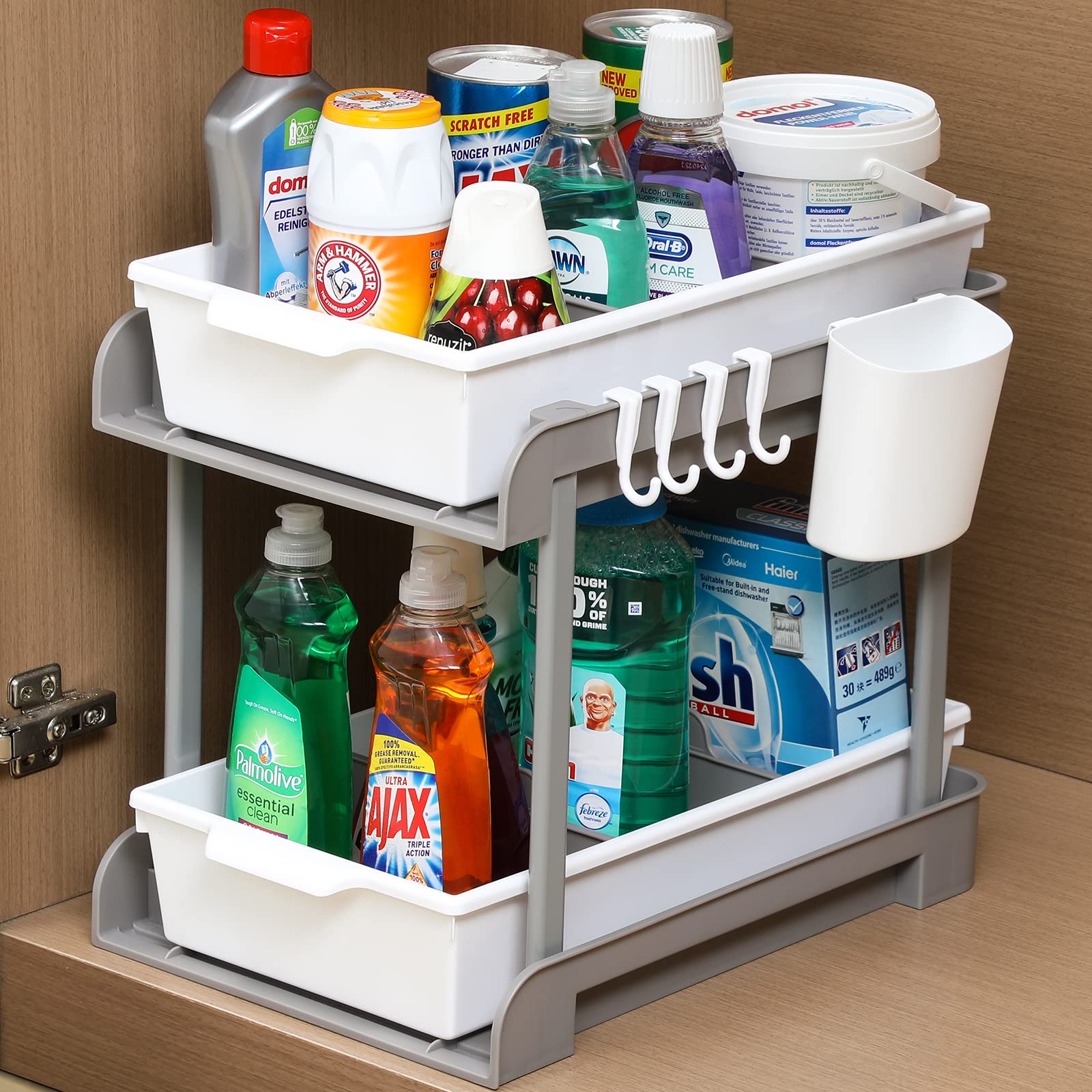 2 Tier Slide Out Under Sink Organizers and Storage with Removable Dividers - Undersink Cabinet Drawers for Bathroom, Kithcen Cleaning and Organization - Multiuse Home Pull Out Organizing Tray, 1 Set