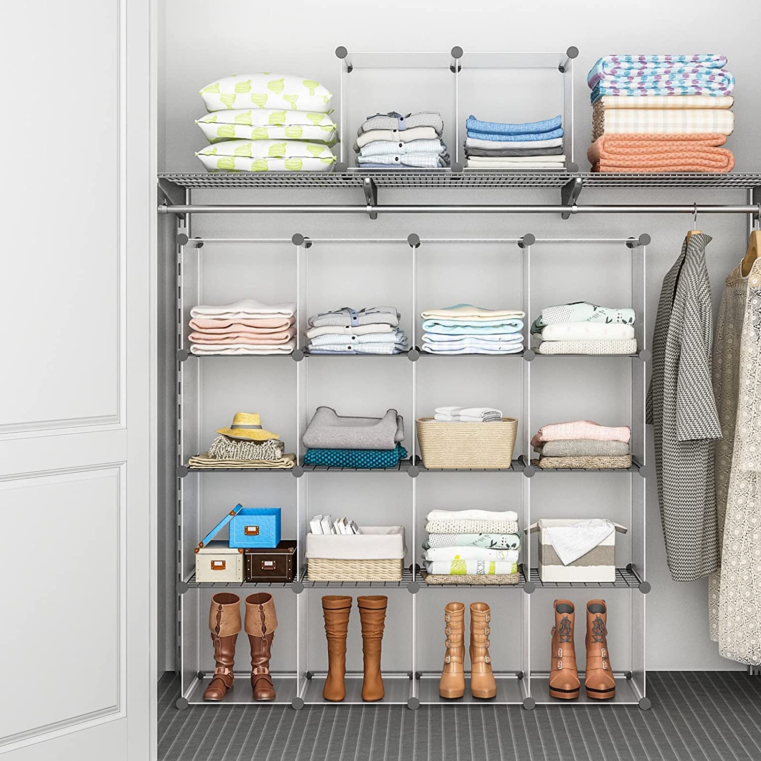 Aeitc Closet Organizer Add Wire Panels Cube Storage Organizer Protable Closet Storage Shelves Cubby Shelving Bookshelf Cube Organizer Storage Cubes, 16 Cubes, White