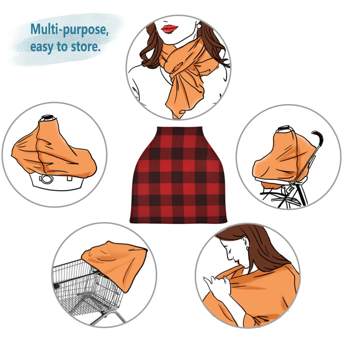 Nursing Cover Breastfeeding Scarf Red Black Buffalo Plaid - Baby Car Seat Covers, Stroller Cover, Carseat Canopy (824a)
