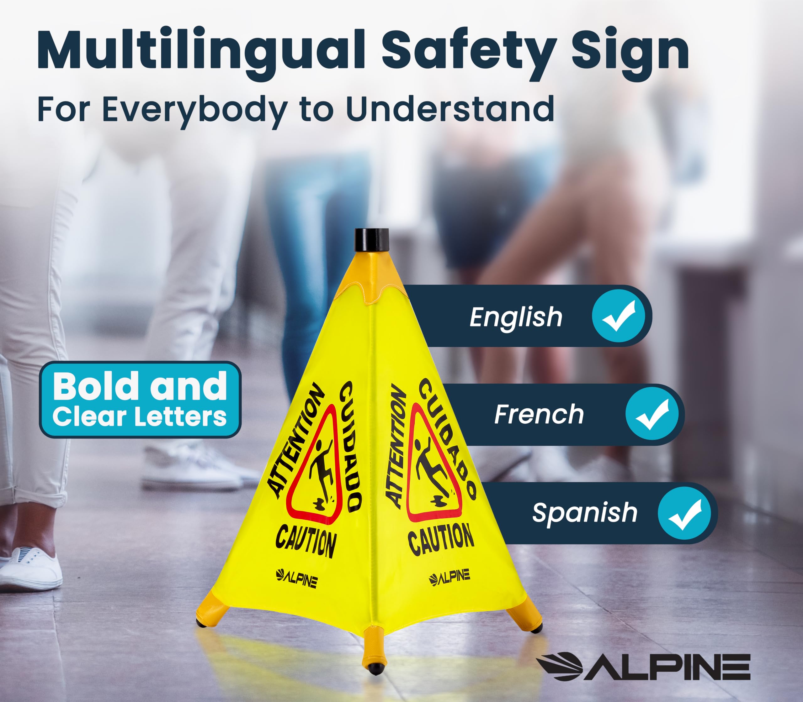 Alpine Caution Wet Floor Sign - Pop Up Slippery When Wet Sign, Wall Mounted Foldable Bilingual Yellow Safety Warning Caution Cone For Commercial & Office Use (30 Inches)