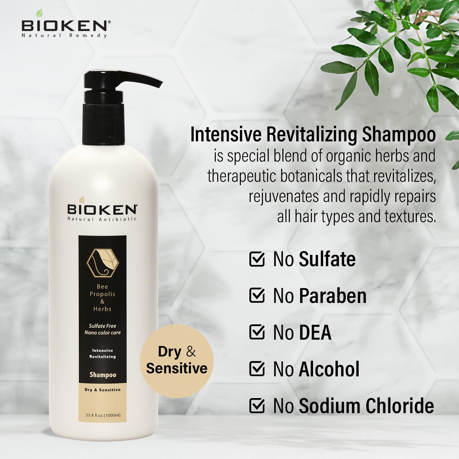 Bioken Intensive Revitalizing Shampoo – 33.8 oz Dry & Sensitive Hair Bee Propolis Herbs Promote Hair Growth Hydrating Moisturizing Nano Color Care Sulfate Free