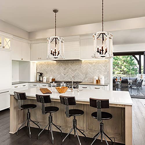 LOG BARN Farmhouse Chandelier, 5-Light Lantern Chandelier for Foyer, Kitchen Island, Dining Room, Weathered White Wood, 16.5’’ W