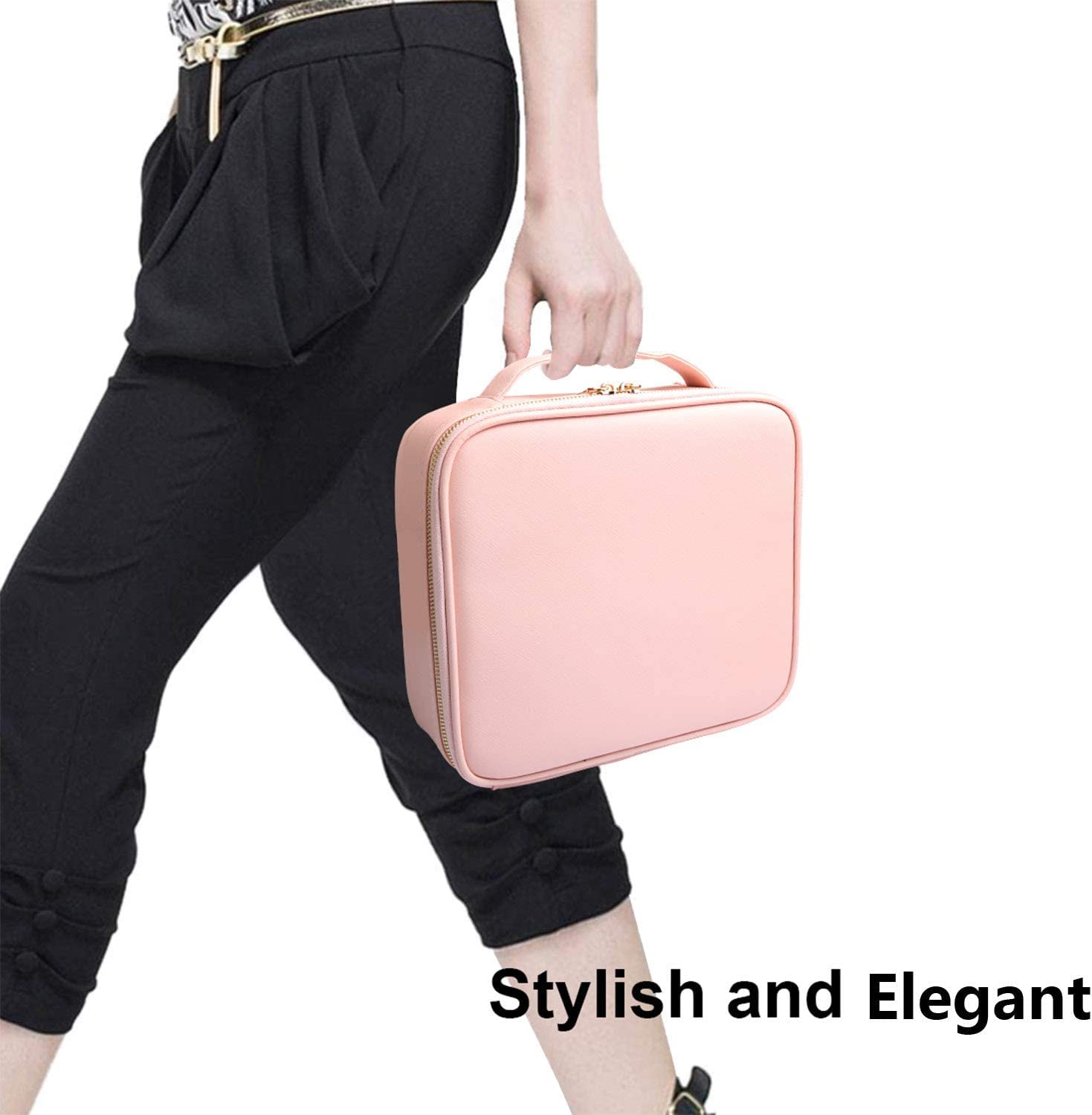 Bvser Travel Makeup Case, PU Leather Portable Organizer Makeup Train Case Makeup Bag Cosmetic Case with Adjustable Dividers for Cosmetics Makeup Brushes Women (Pink)