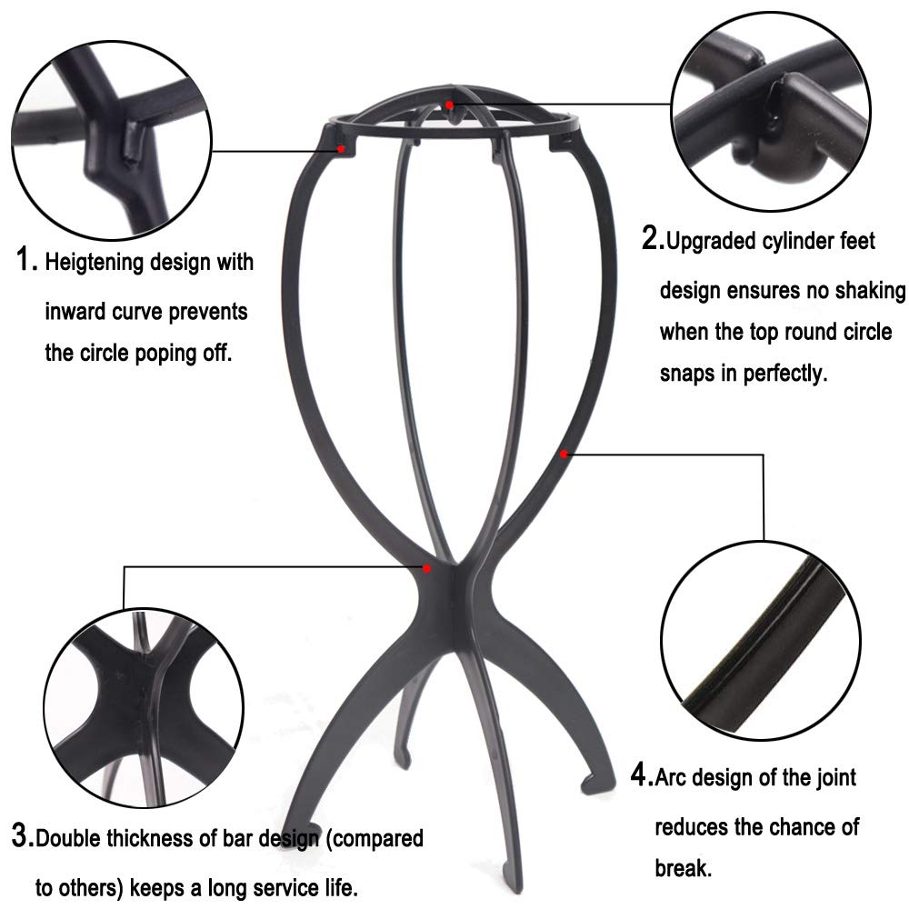 wiysday 6PCS Wig Holder,Wig Stands, Collapsible Wig Stand for Short Wig,14 inch Portable Travel Wig Holder (Black)
