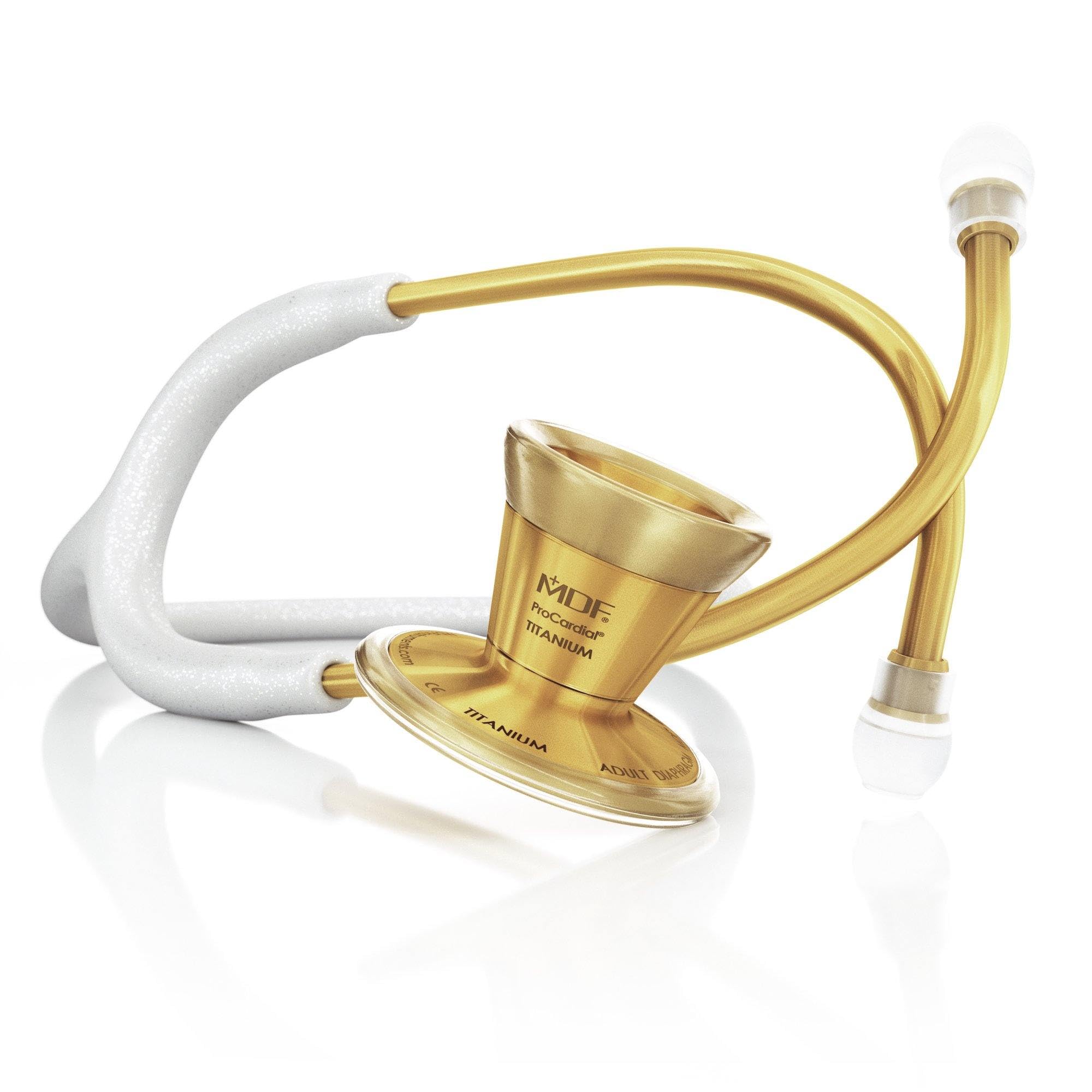 MDF Instruments White Glitter Gold ProCardial Cardiology Stethoscope, Limited Edition Mprints, Lightweight Titanium, Adult, Dual Head, Tube, Gold Chestpiece-Headset, MDF797TGL29K