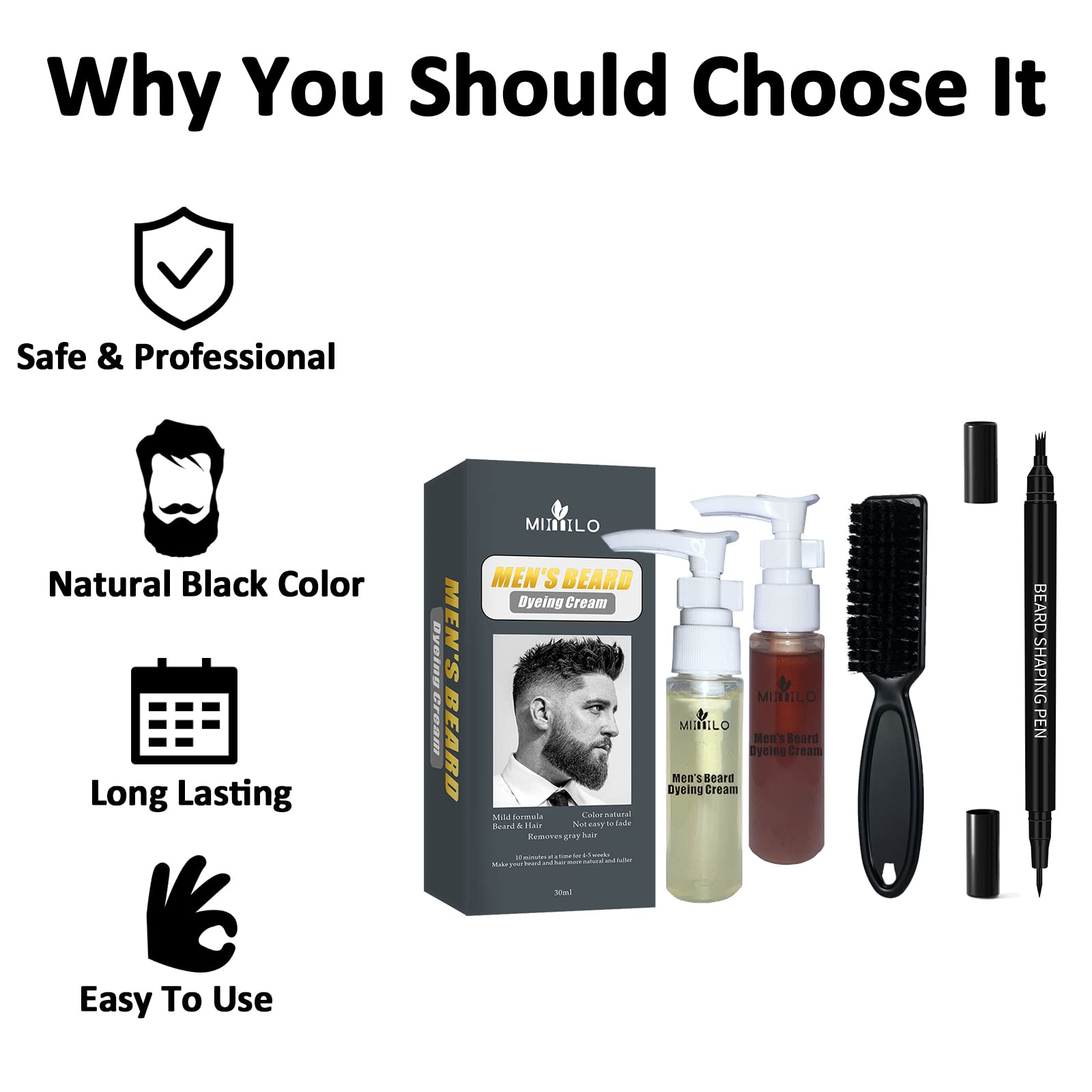 2 in 1 Instant Beard Dye and Beard Pencil Filler For Men, Semi Permanent Beard & Mustache Dye, Lasts For 5 Weeks, Easy to Use, Waterproof and Sweatproof Beard Pen
