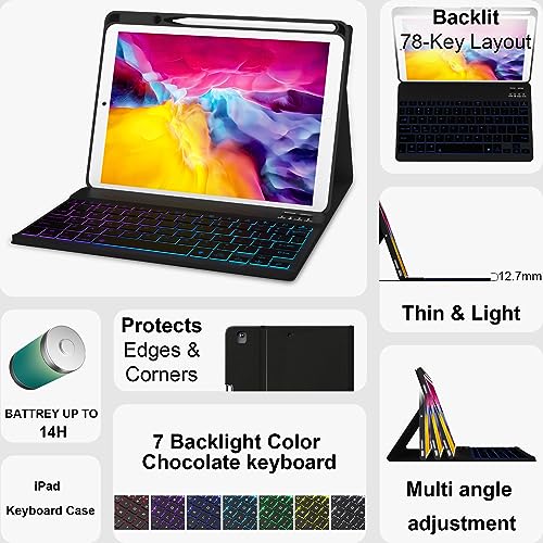 C INVERTER iPad Case Keyboard, for iPad 9th/8th/7th Gen 10.2 in, iPad Pro, Air 3rd Gen 10.5 in, Detachable Backlit Wireless Keyboard with Magnetic Protective Cover (Black)